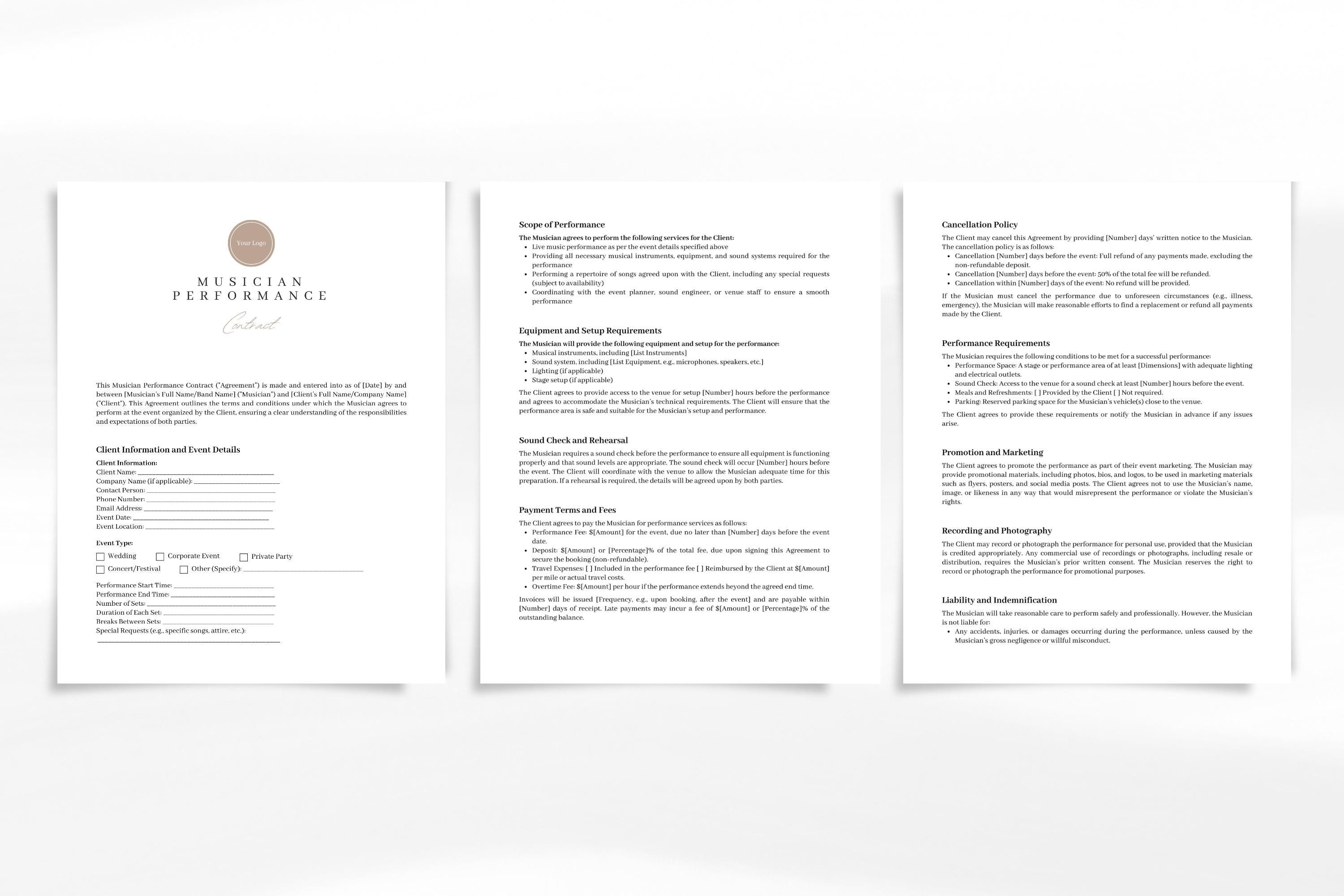 Musician Performance Contract Template Editable Canva Template ...