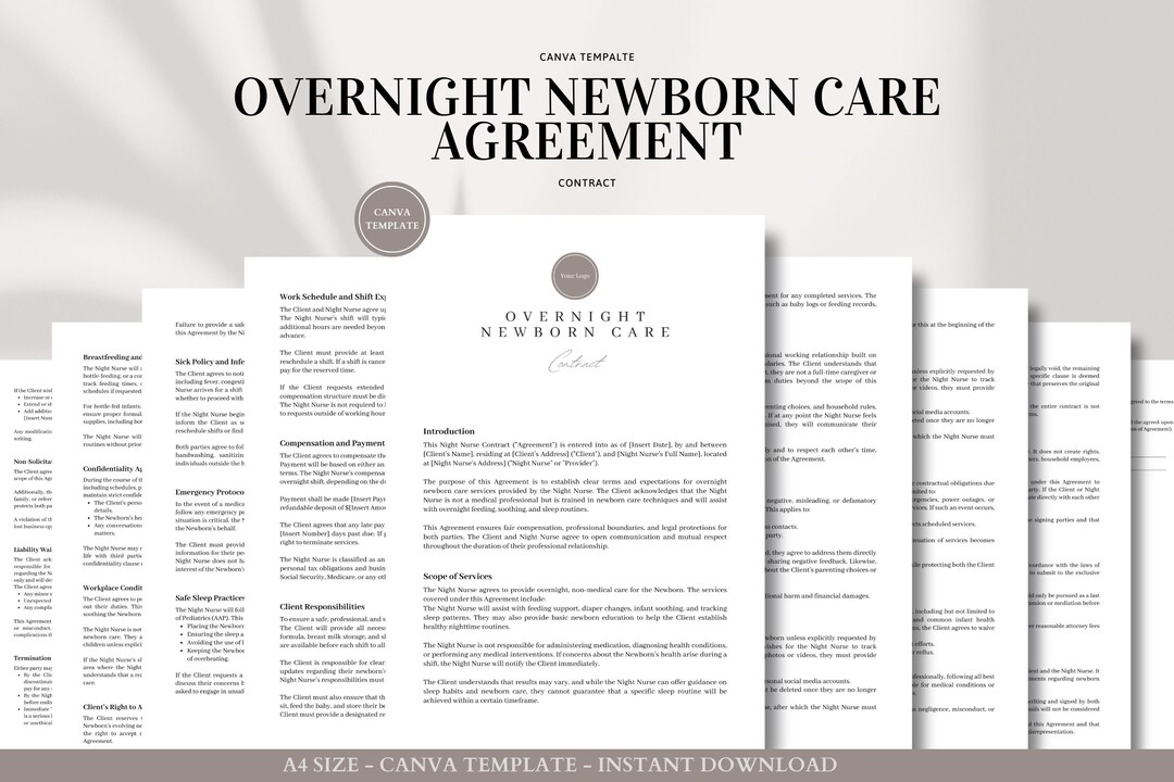 Overnight Newborn Care Agreement Canva Template Night Nurse Contract ...