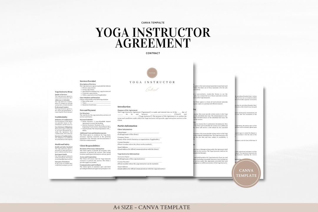 Yoga Instructor Agreement - Professional and Customizable - Digital Download - Edit in Canva - Etsy