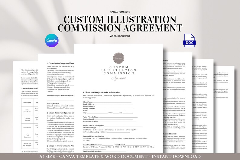 Custom Illustration Commission Agreement Template, Editable Artist ...