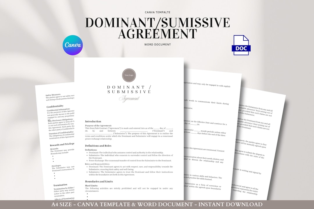 Dominant and Submissive Contract Editable BDSM Relationship Agreement for Consent Discipline ...