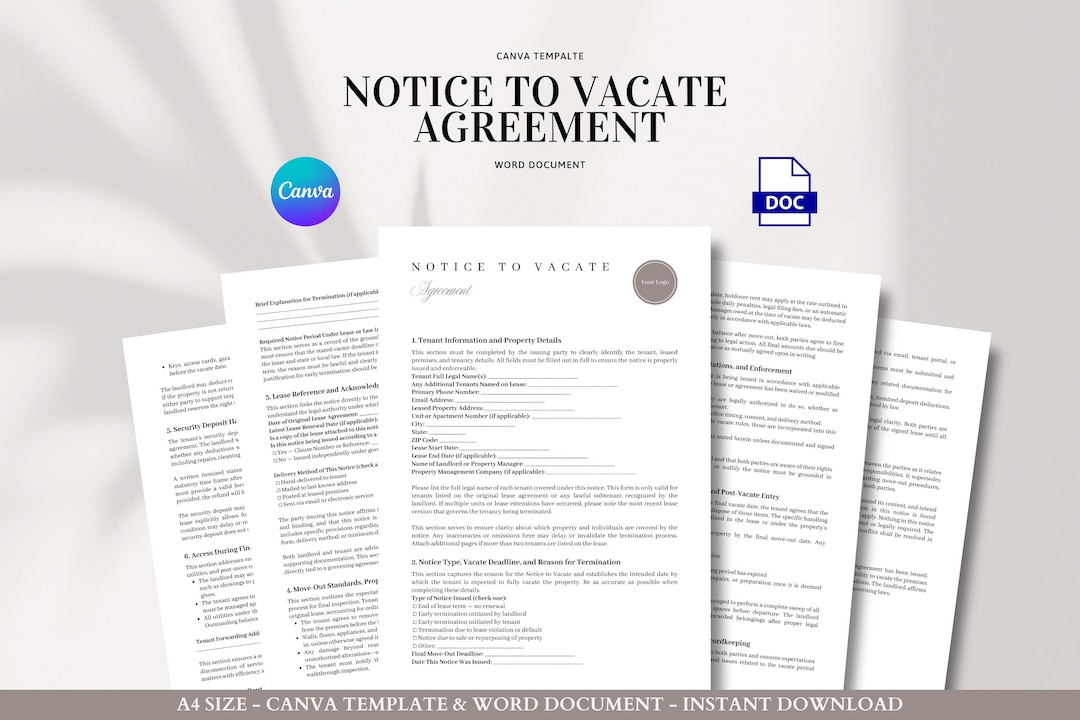 Notice to Vacate Agreement Template Editable Lease Termination Contract ...