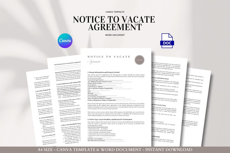Notice to Vacate Agreement Template Editable Lease Termination Contract ...