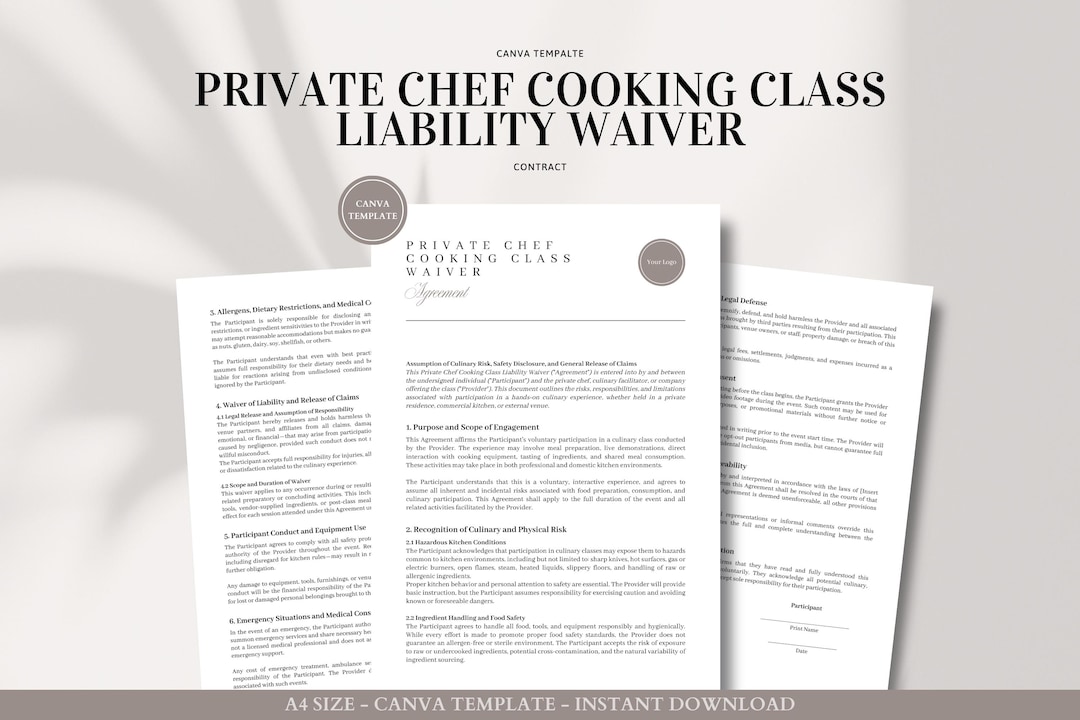 Private Chef Cooking Class Liability Waiver | Professional Culinary ...