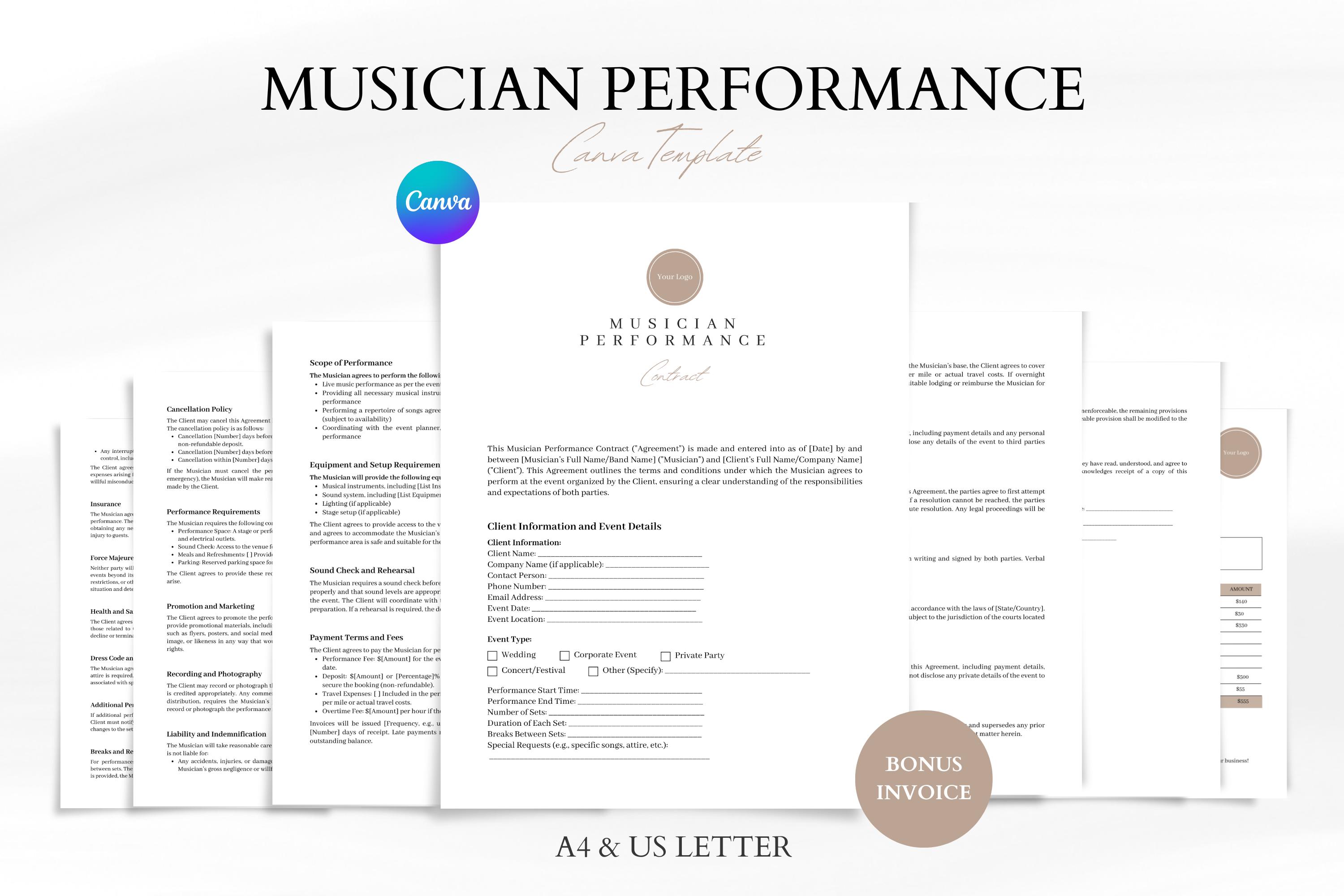 Musician Performance Contract Template Editable Canva Template ...