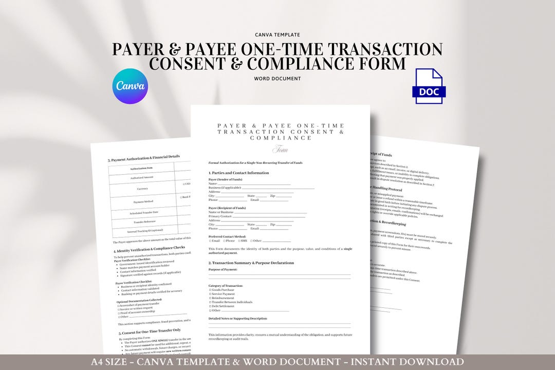 Payer & Payee One-time Transaction Consent Compliance Form Template | Single Payment ...
