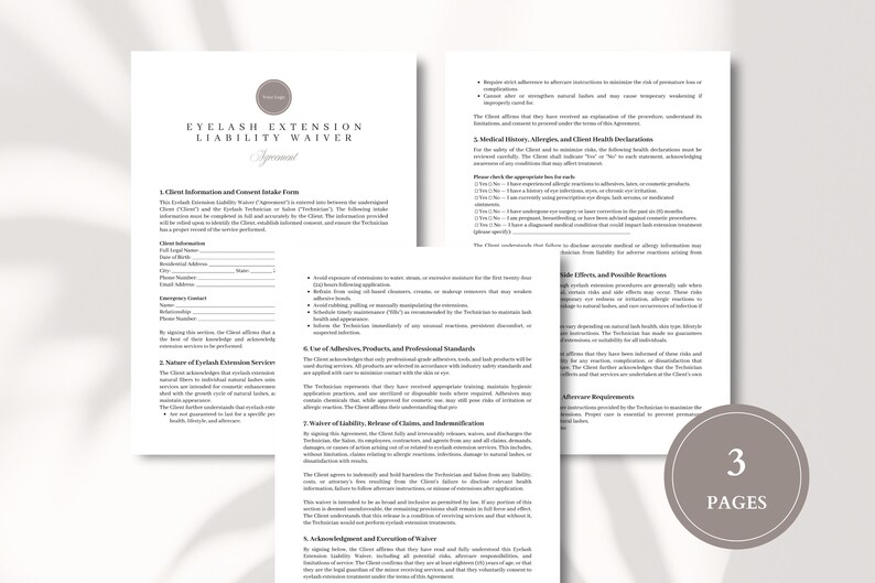 Eyelash Extension Liability Waiver Form Template for Lash Technicians ...