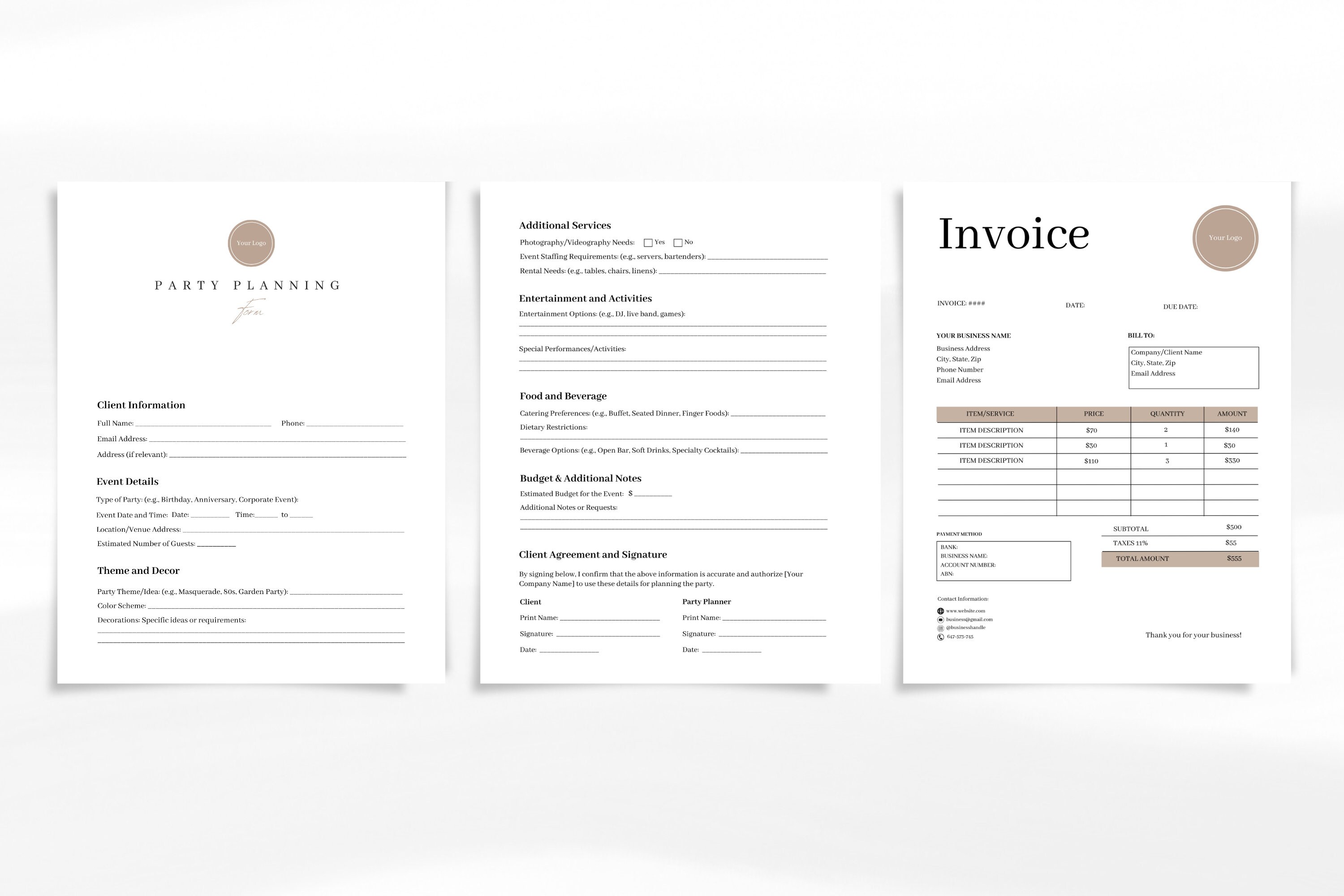 Party Planning Form and Bonus Invoice Template Customizable Canva ...