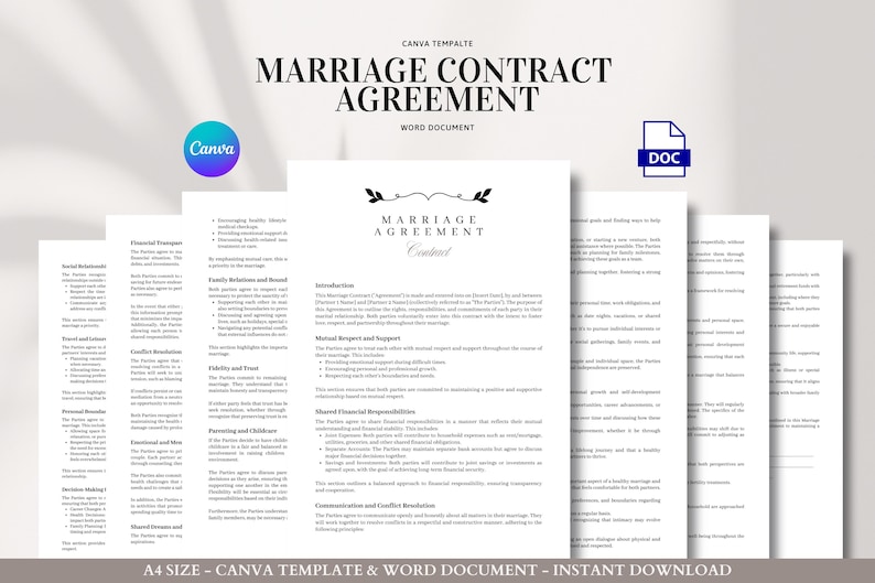 Marriage Contract Agreement Template Relationship Partnership Document ...