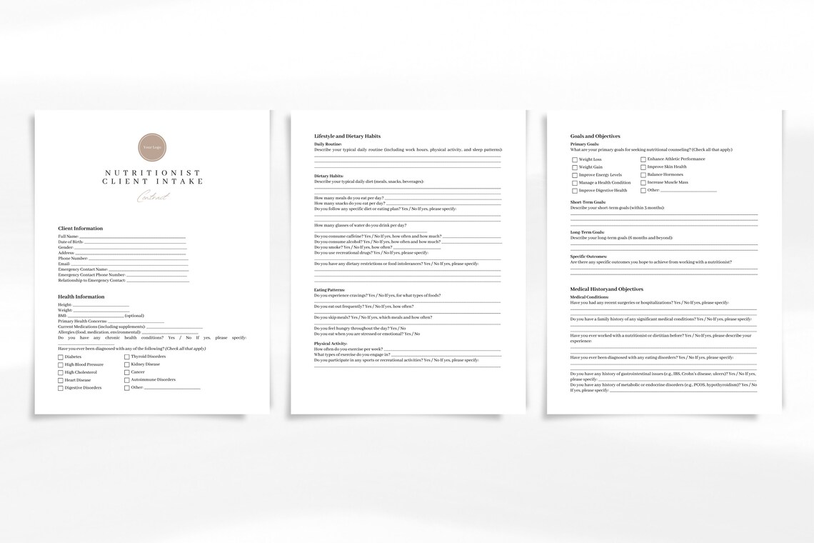 Nutritionist Client Intake Form Professional Template for Nutritional ...