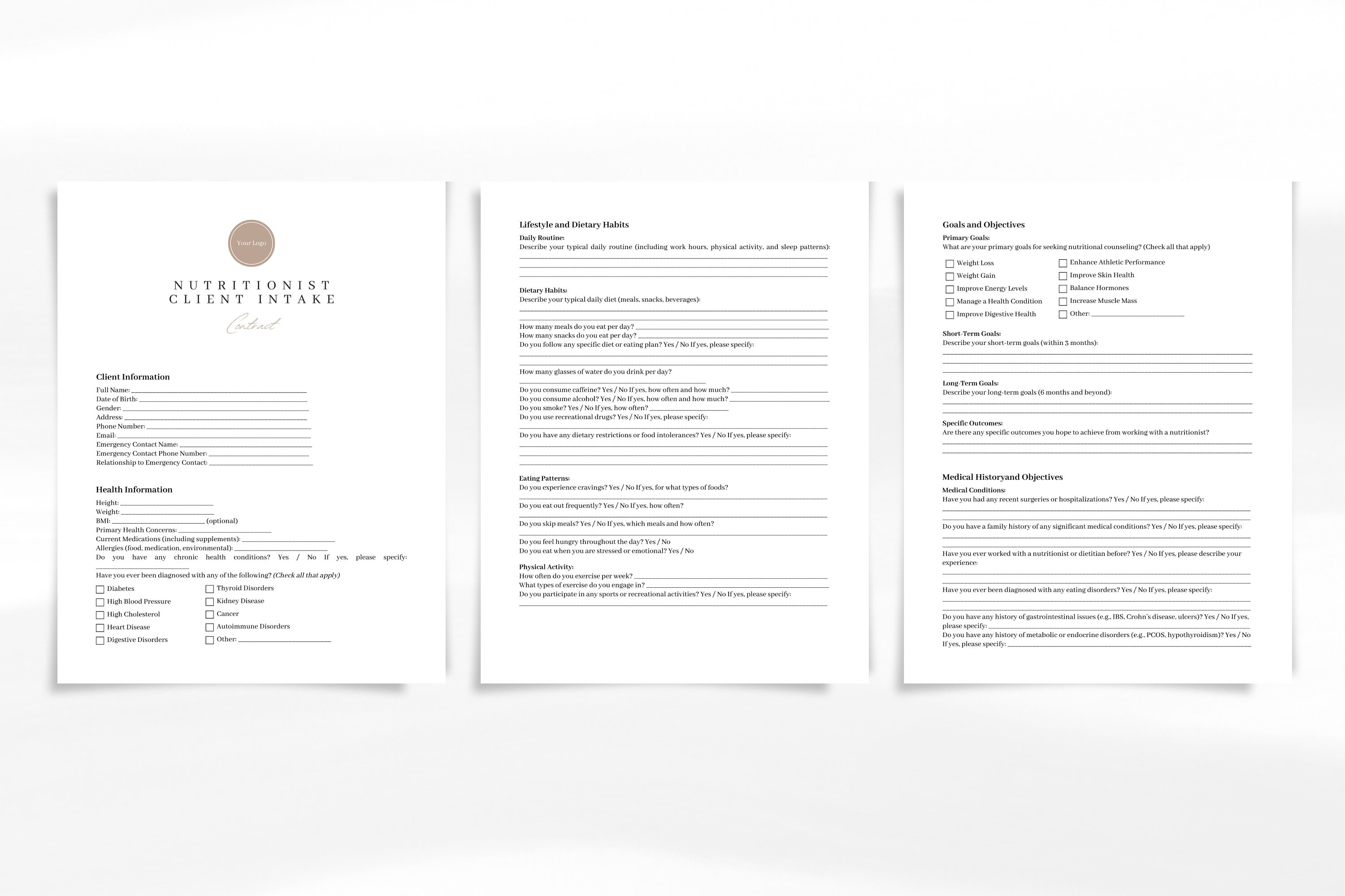 Nutritionist Client Intake Form Professional Template for Nutritional ...