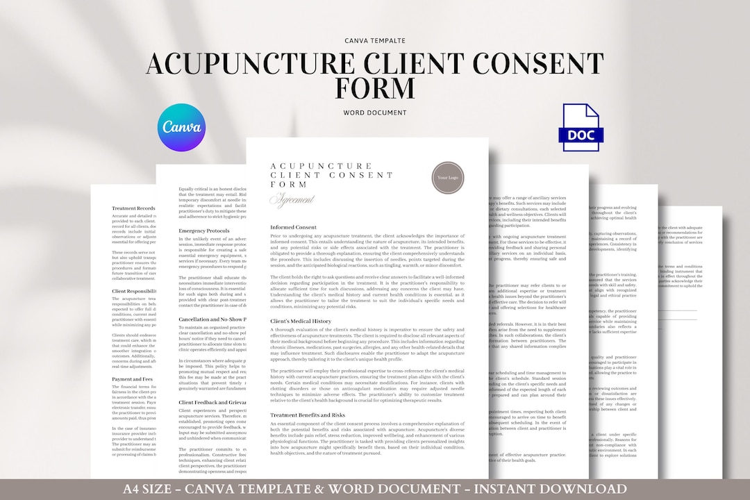 Acupuncture Consent Form Editable Client Agreement Template for ...