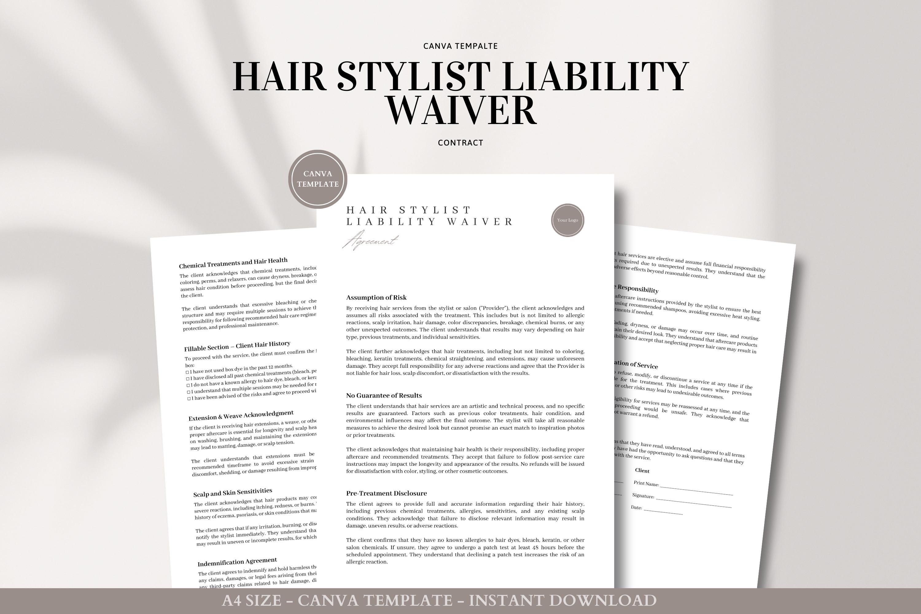 Hair Stylist Liability Waiver Canva Template | Salon Client Consent ...