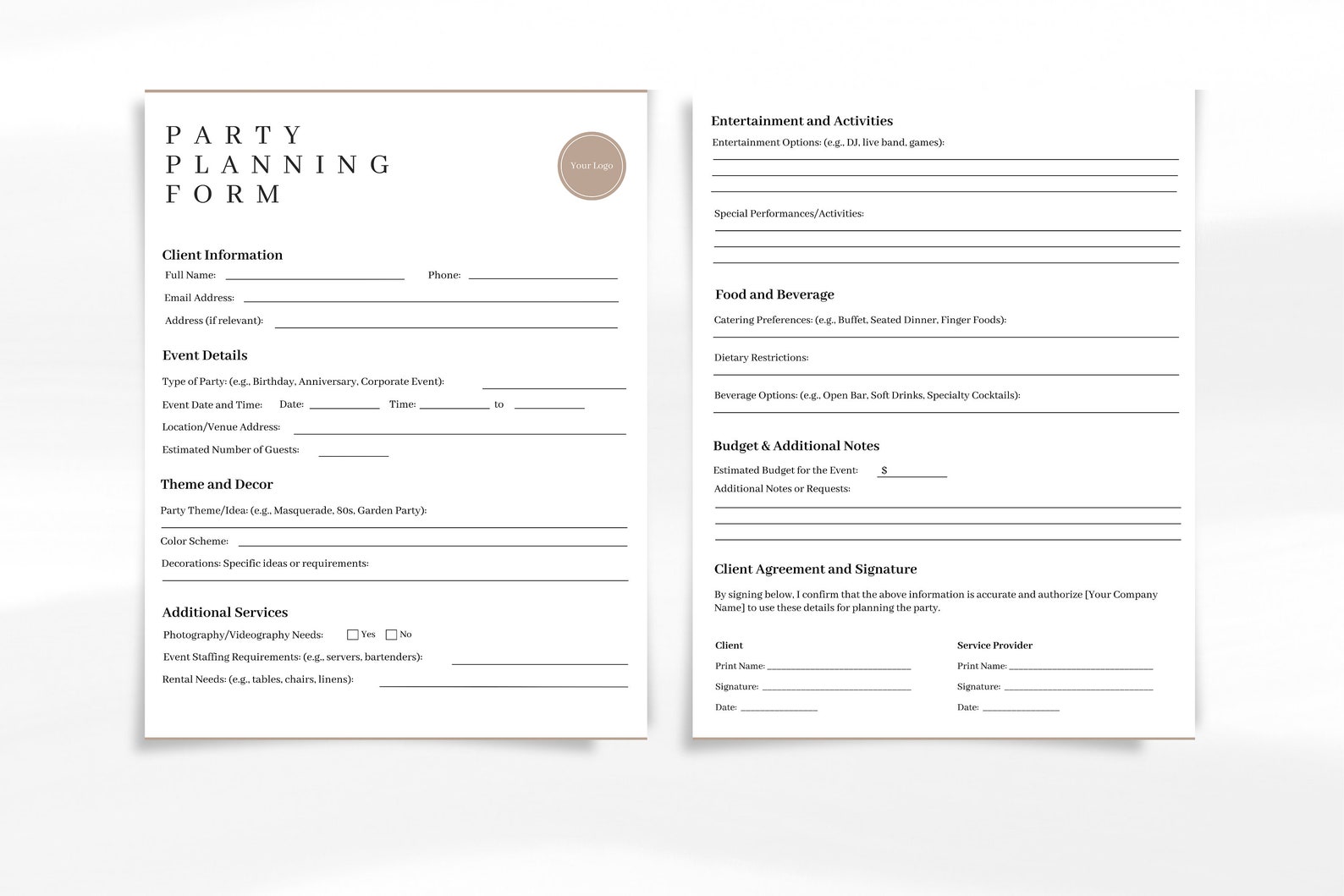 Party Planning Form and Bonus Invoice Template Customizable Canva ...