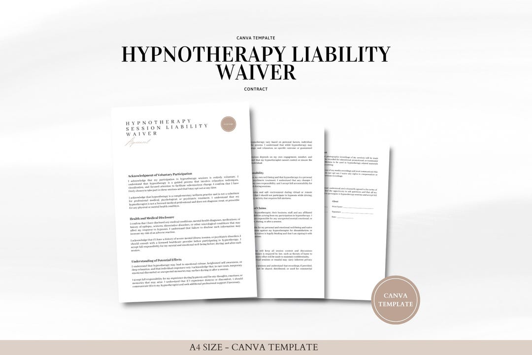 Hypnotherapy Liability Waiver Editable Canva Template Hypnosis Agreement Digital Download ...