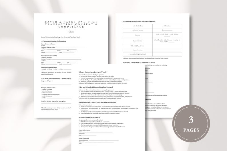 Payer & Payee One-time Transaction Consent Compliance Form Template | Single Payment ...