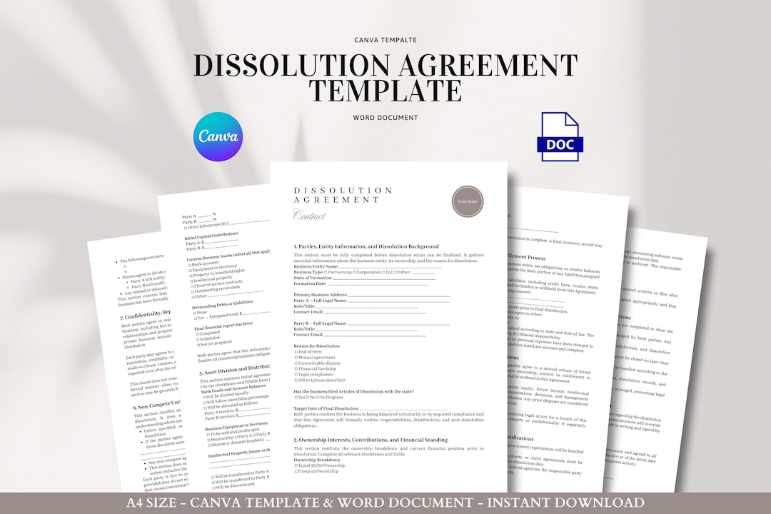 Dissolution Agreement Template Editable Contract Business Closure ...