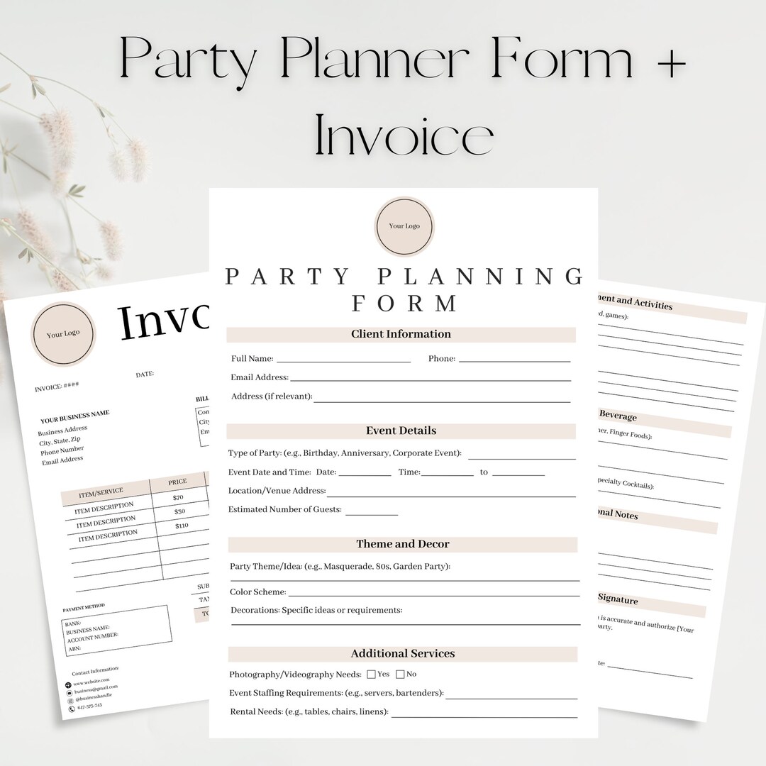 Party Planning Form and Bonus Invoice Template Customizable - Etsy