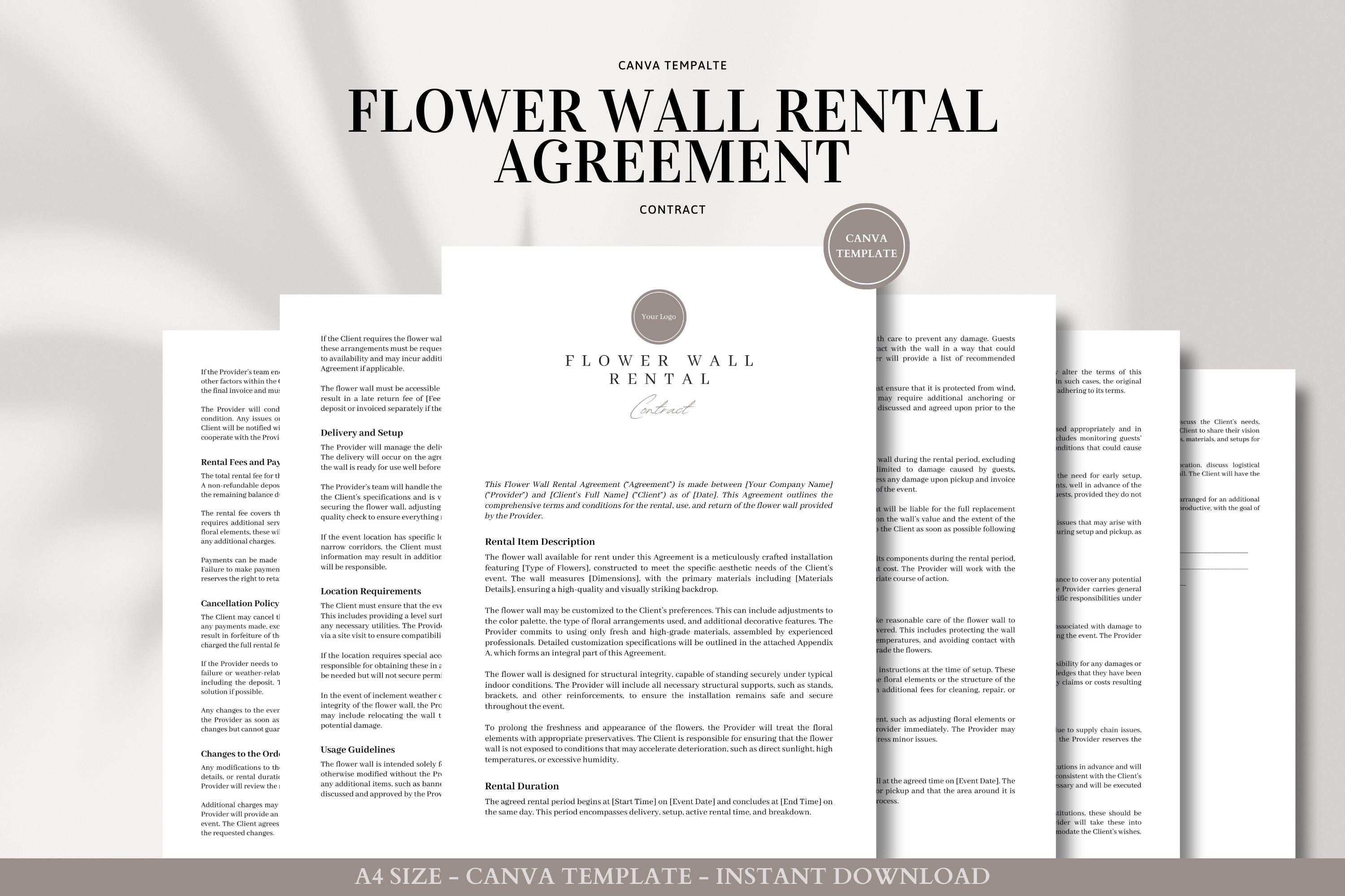 Flower Wall Rental Agreement Canva Template | Editable in Canva | Event ...