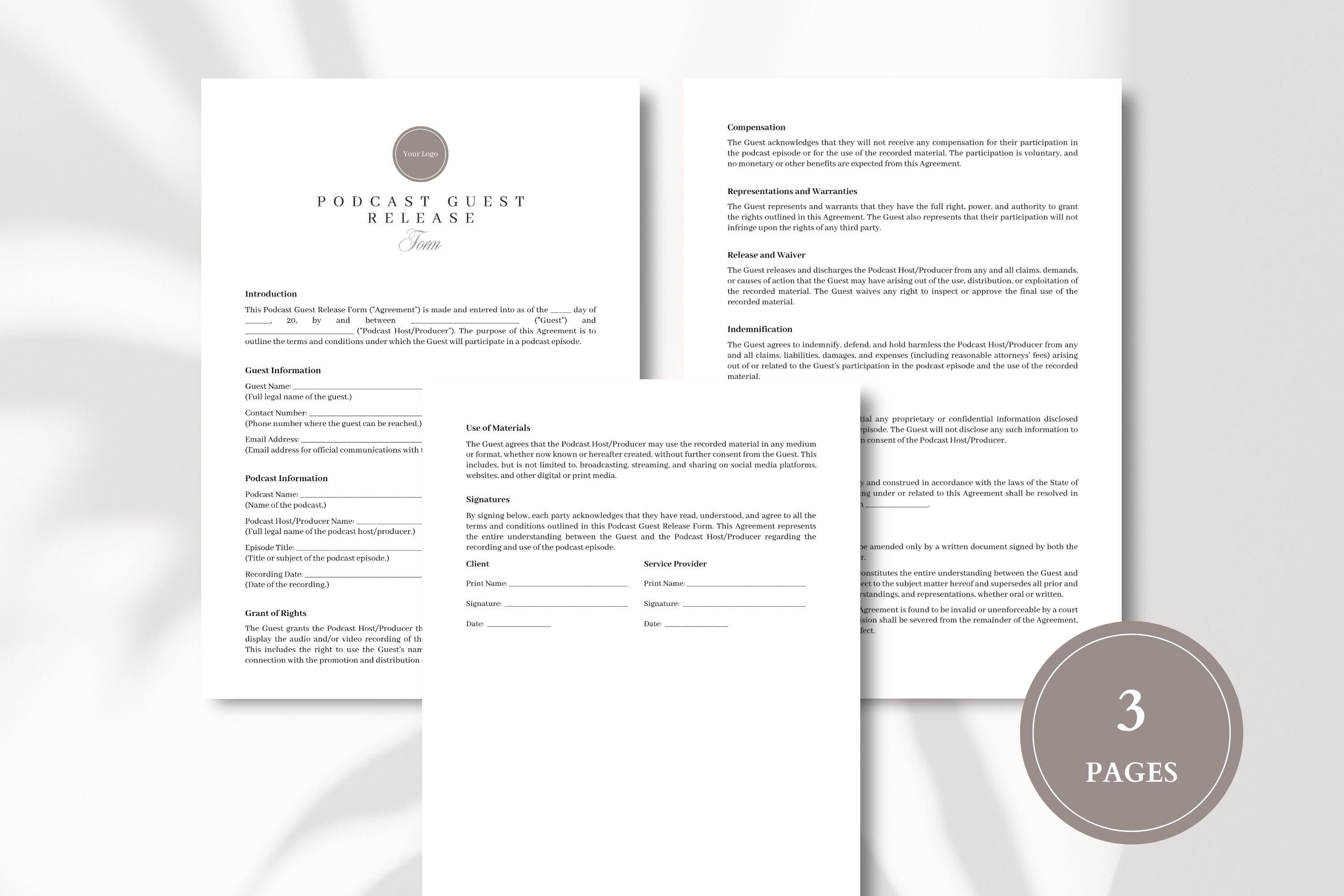 Podcast Guest Release Form Template Interview Consent Rights Waiver ...