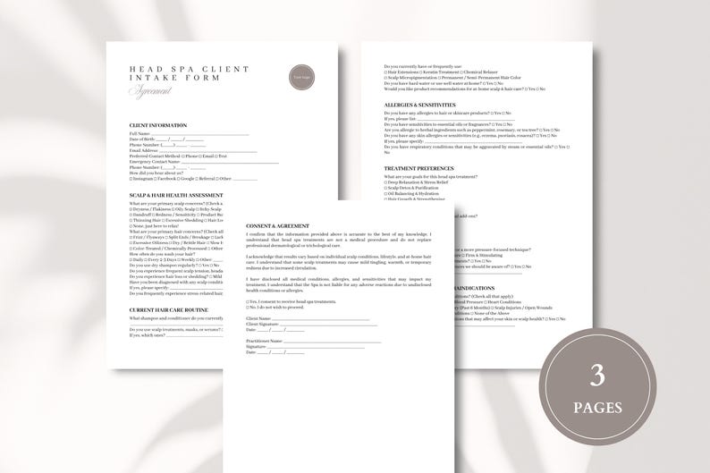 Head Spa Client Intake Form Template Editable Scalp and Hair ...