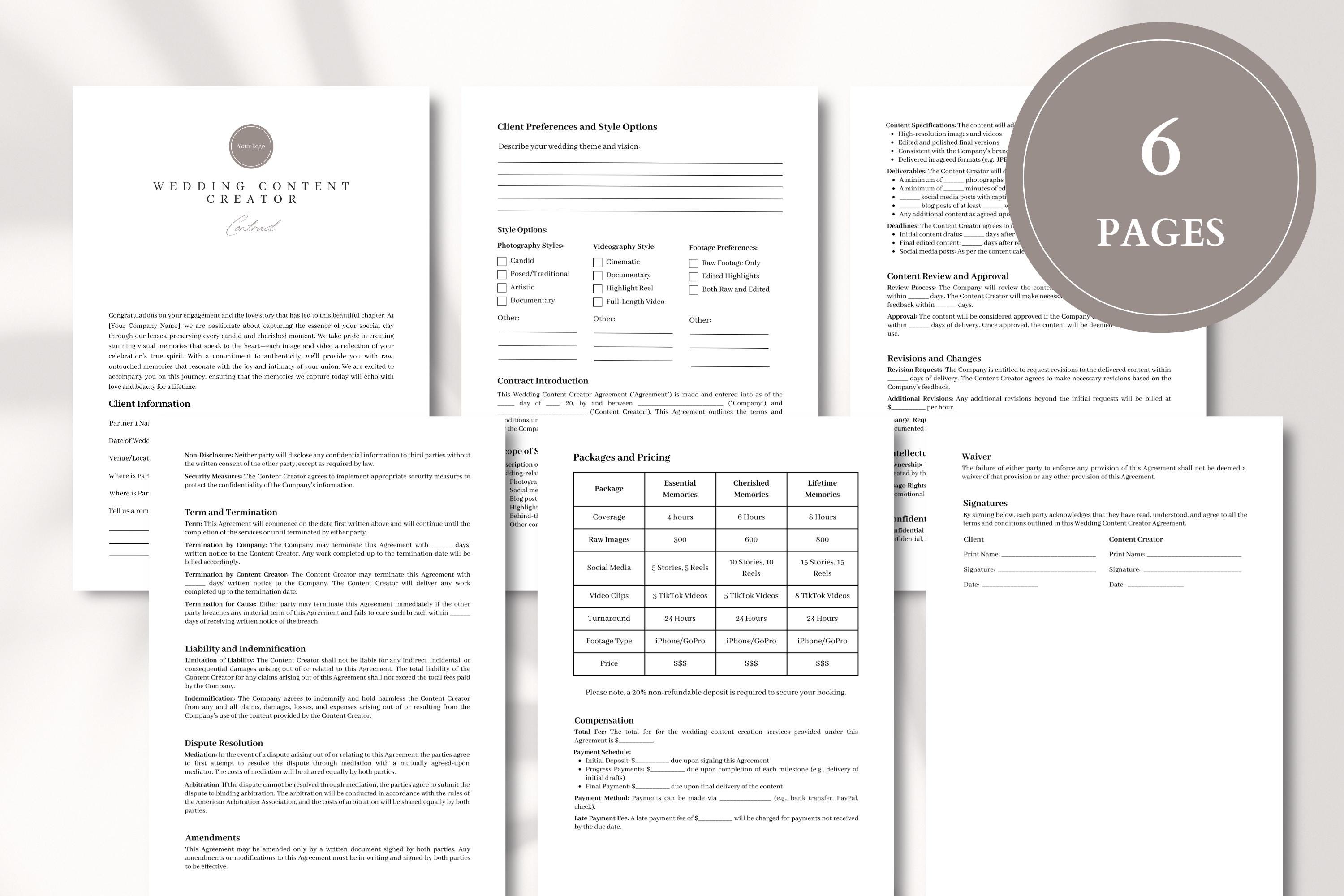Wedding Content Creator Contract Template, Editable Social Media ...