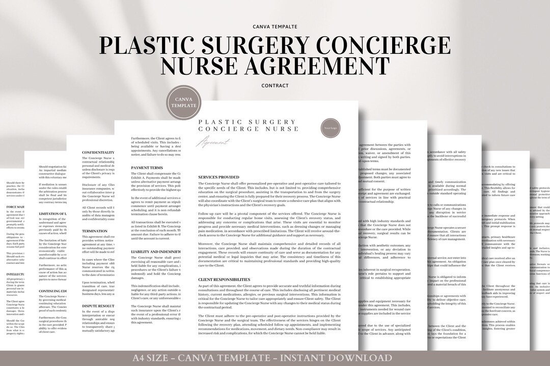 Plastic Surgery Concierge Nurse Agreement Canva Template Contract for ...