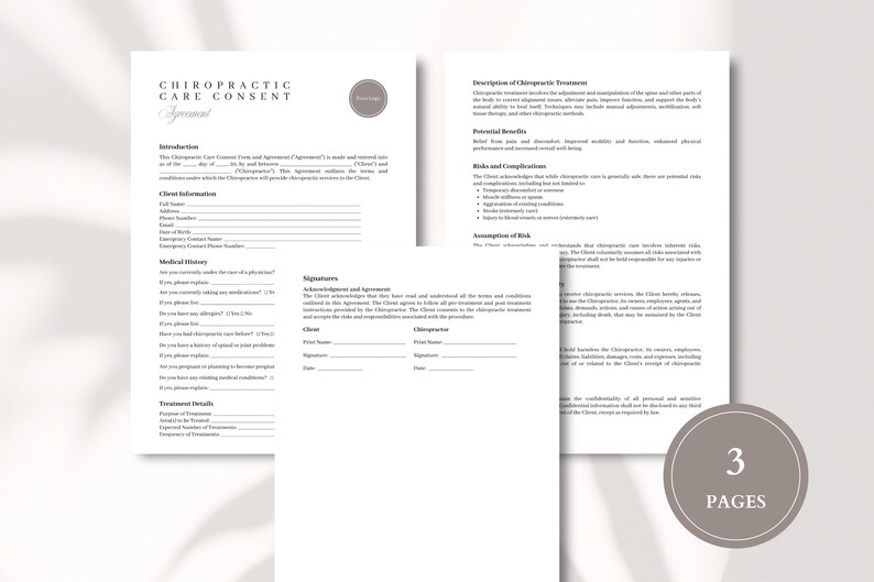 Chiropractic Consent Form Template Editable Client Intake and Waiver ...