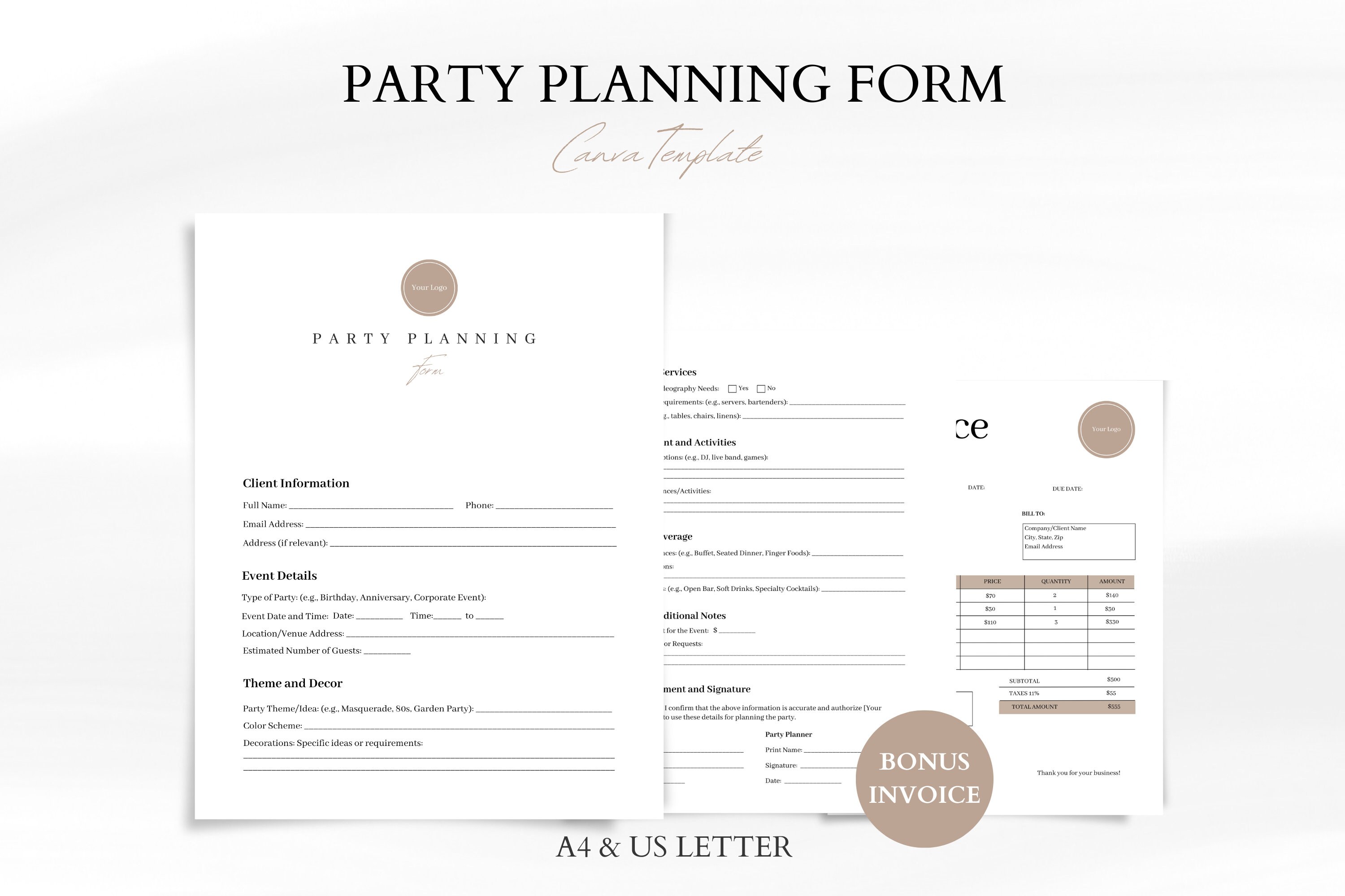 Party Planning Form and Bonus Invoice Template Customizable Canva ...