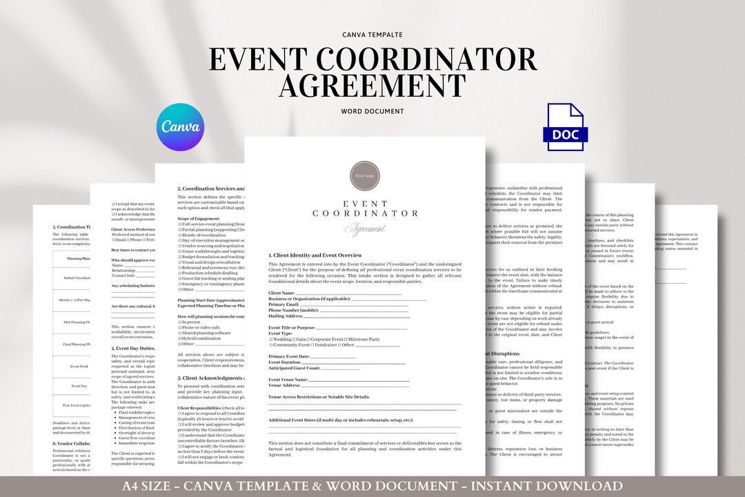 Event Coordinator Agreement Template for Weddings, Corporate, and Private Events, Editable ...