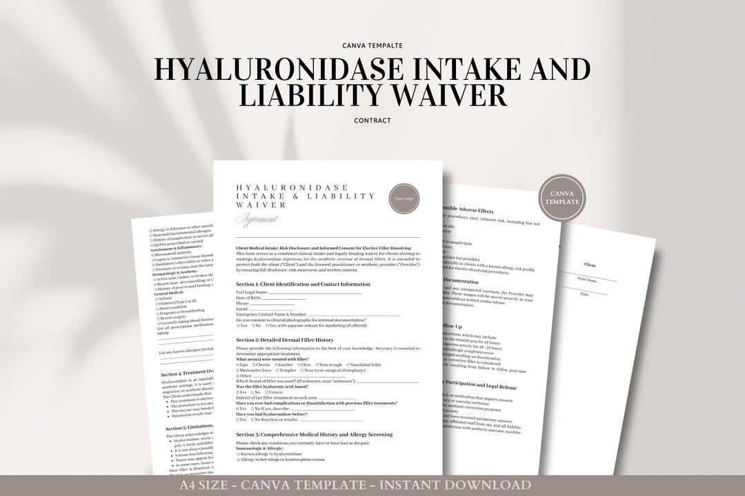 Hyaluronidase Intake and Liability Waiver | Editable Filler Dissolving ...