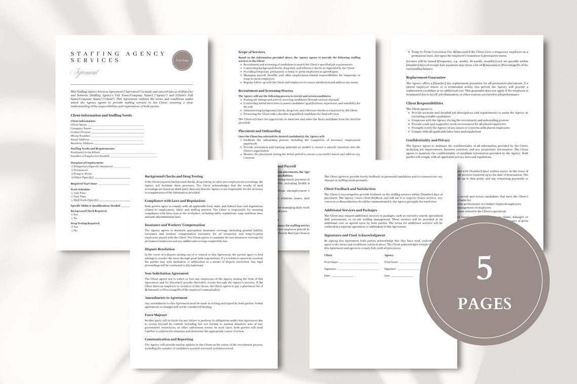 Staffing Agency Contract Template Editable Client Agreement Recruitment Intake Form Employment ...