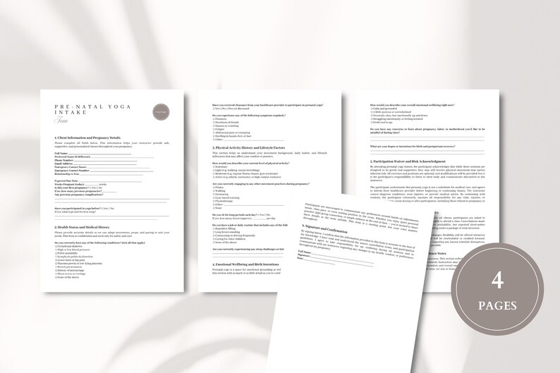 Prenatal Yoga Intake Form Template Editable Client Questionnaire Waiver ...