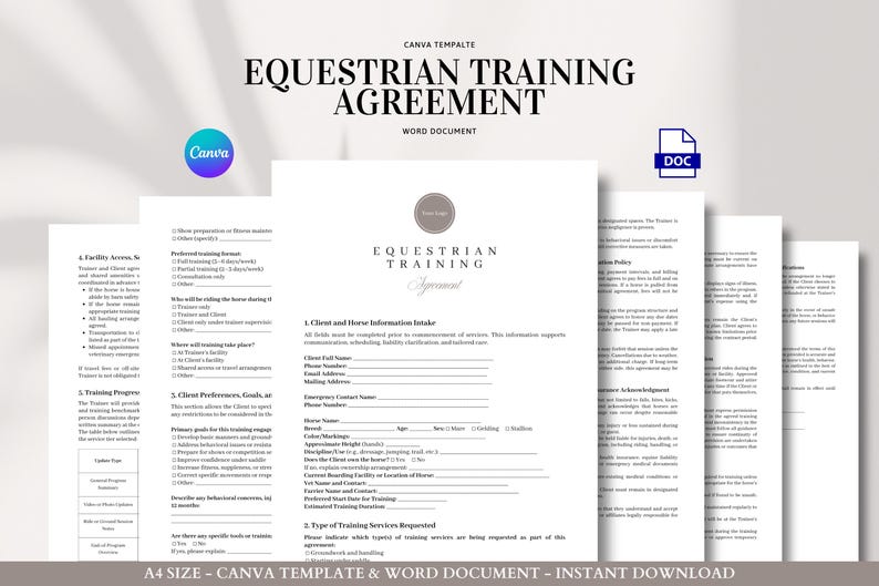 Equestrian Training Agreement Template for Horse Trainers, Riding ...