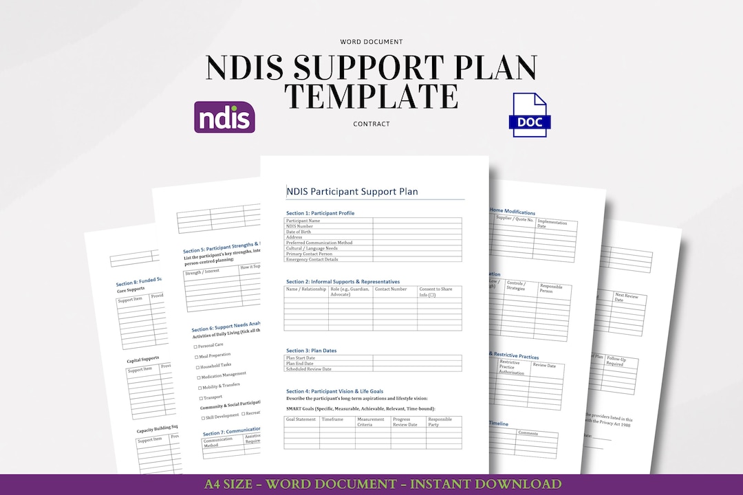 NDIS Support Plan Template Word Document for Participant Goals Funding Risk Behavior Consent ...
