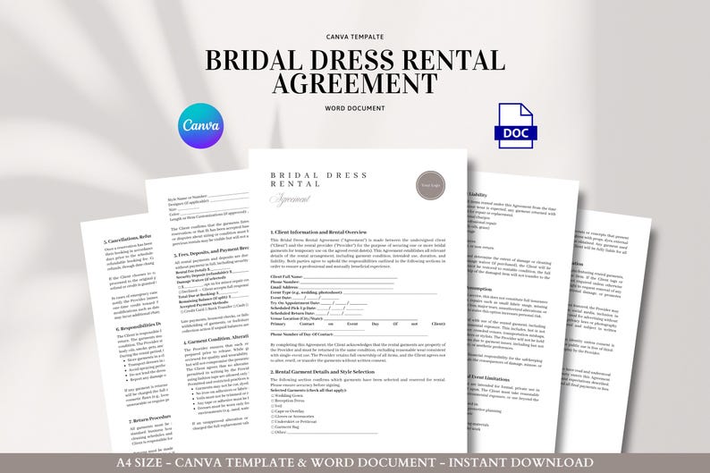 Bridal Dress Rental Agreement Template Editable Wedding Gown Contract for Boutiques, Stylists ...