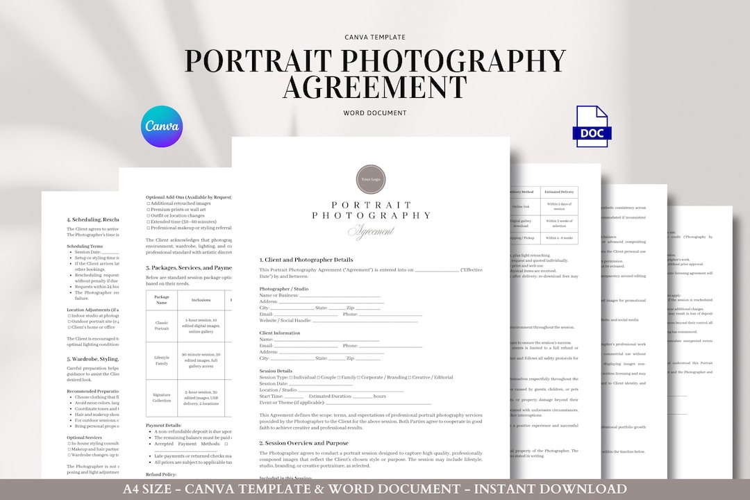 Portrait Photography Agreement Template for Photographers & Clients ...