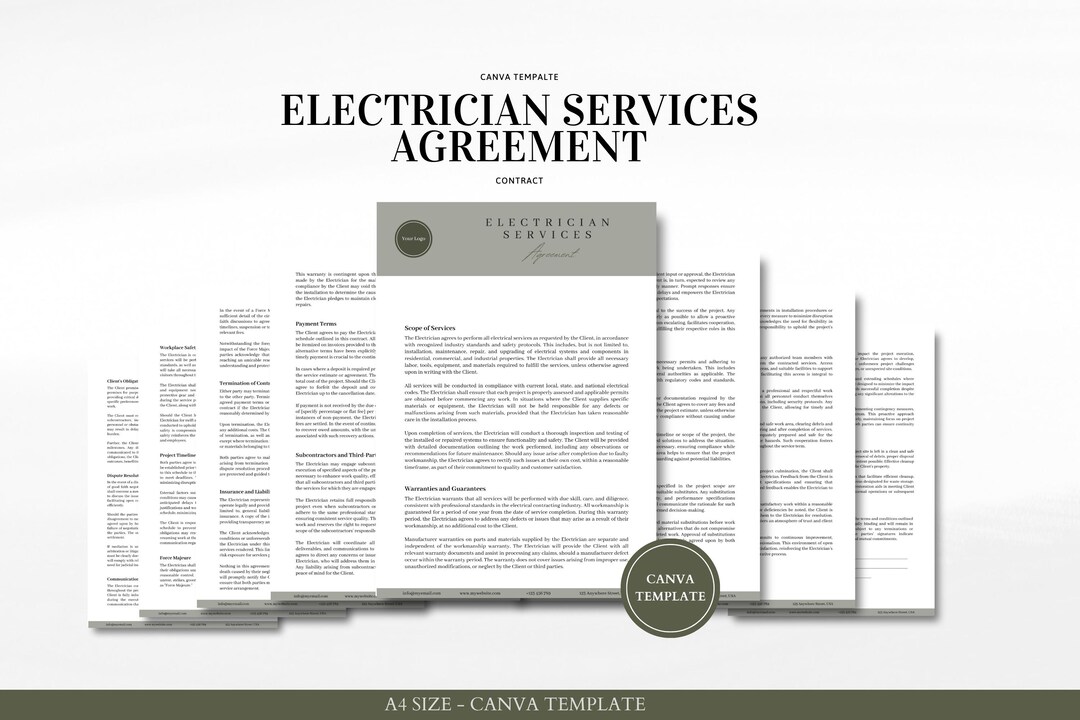 Electrician Service Agreement Canva Template | Editable Contractor ...