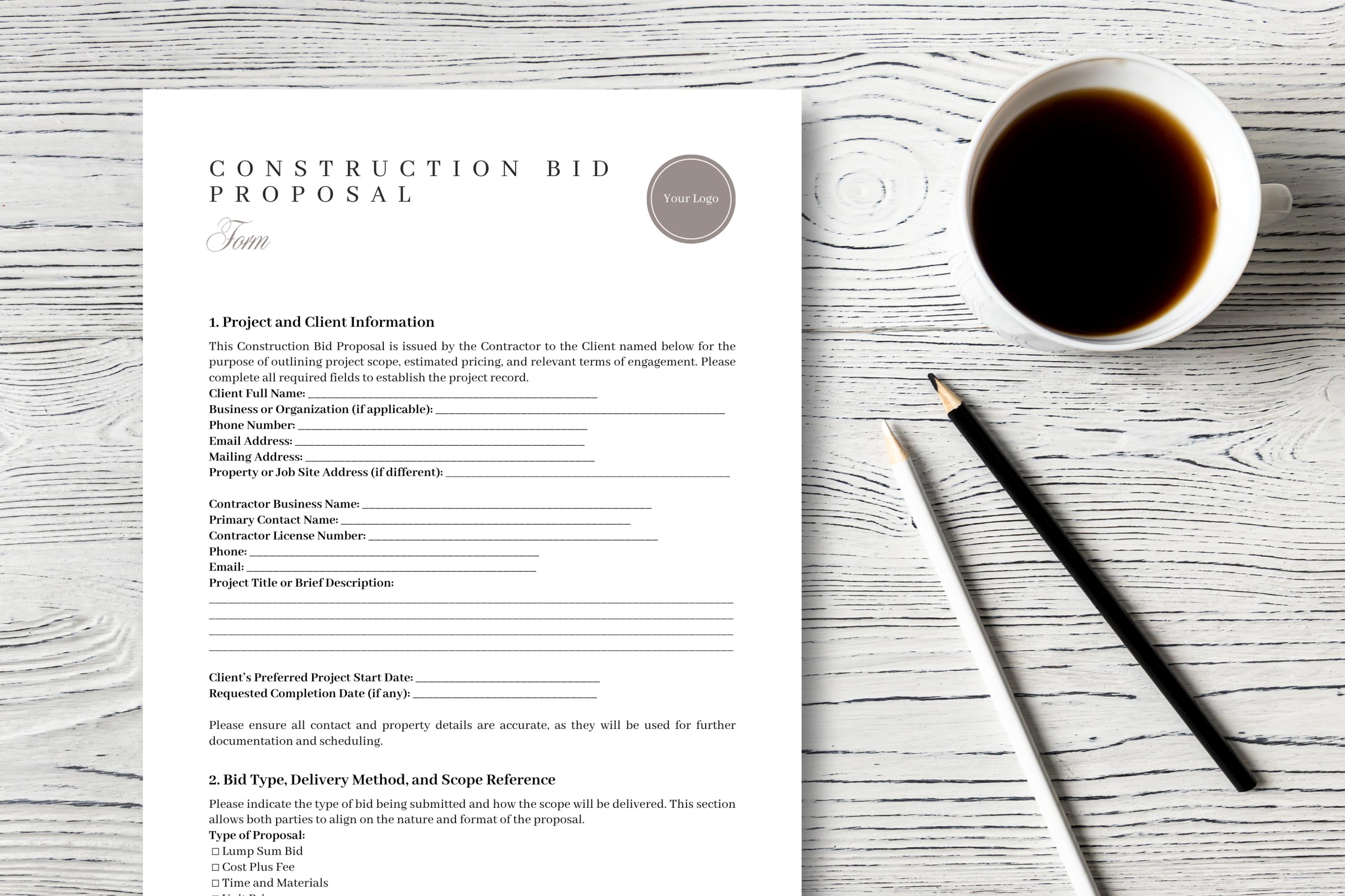 Construction Bid Proposal Template Editable Estimate Form Job Scope ...