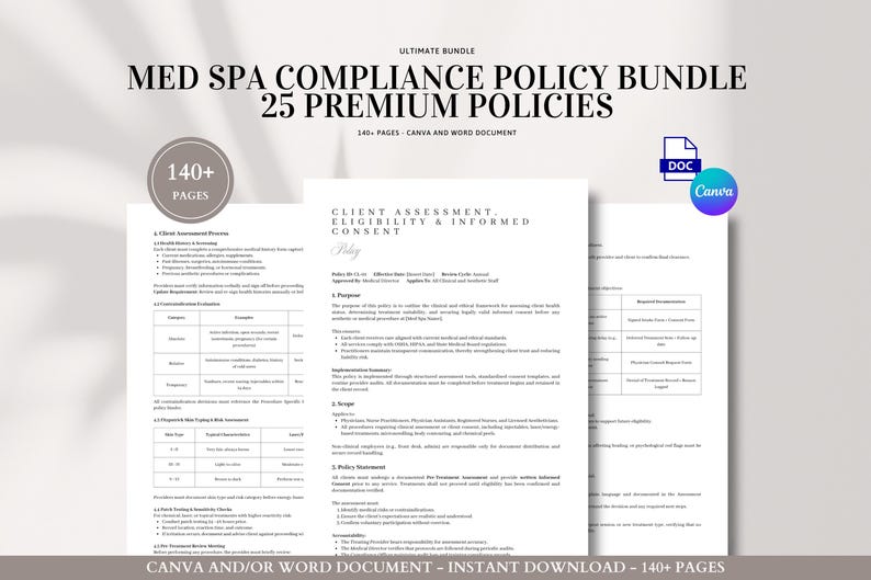 Medical Spa Compliance Policy Bundle 25 Premium OSHA, HIPAA Clinical ...