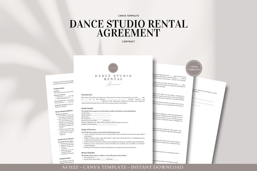 Dance Studio Rental Agreement Canva Template - Professional Contract ...