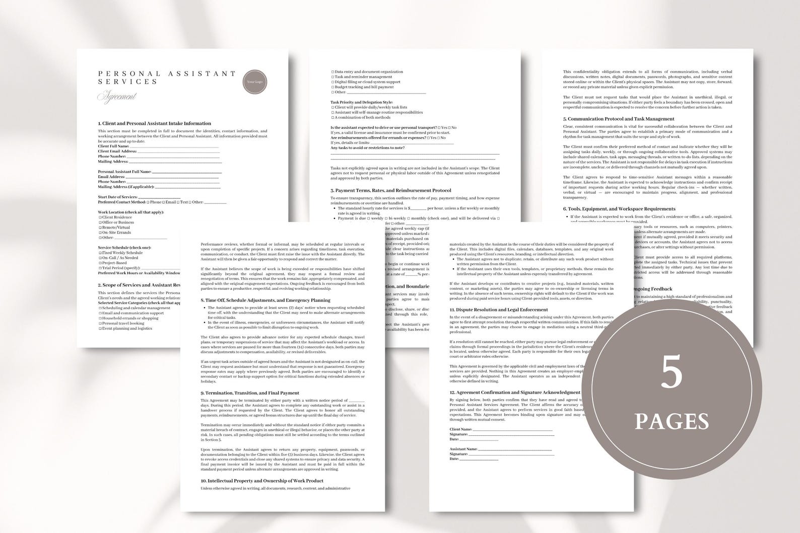 Personal Assistant Contract Template Editable Client Agreement Intake ...