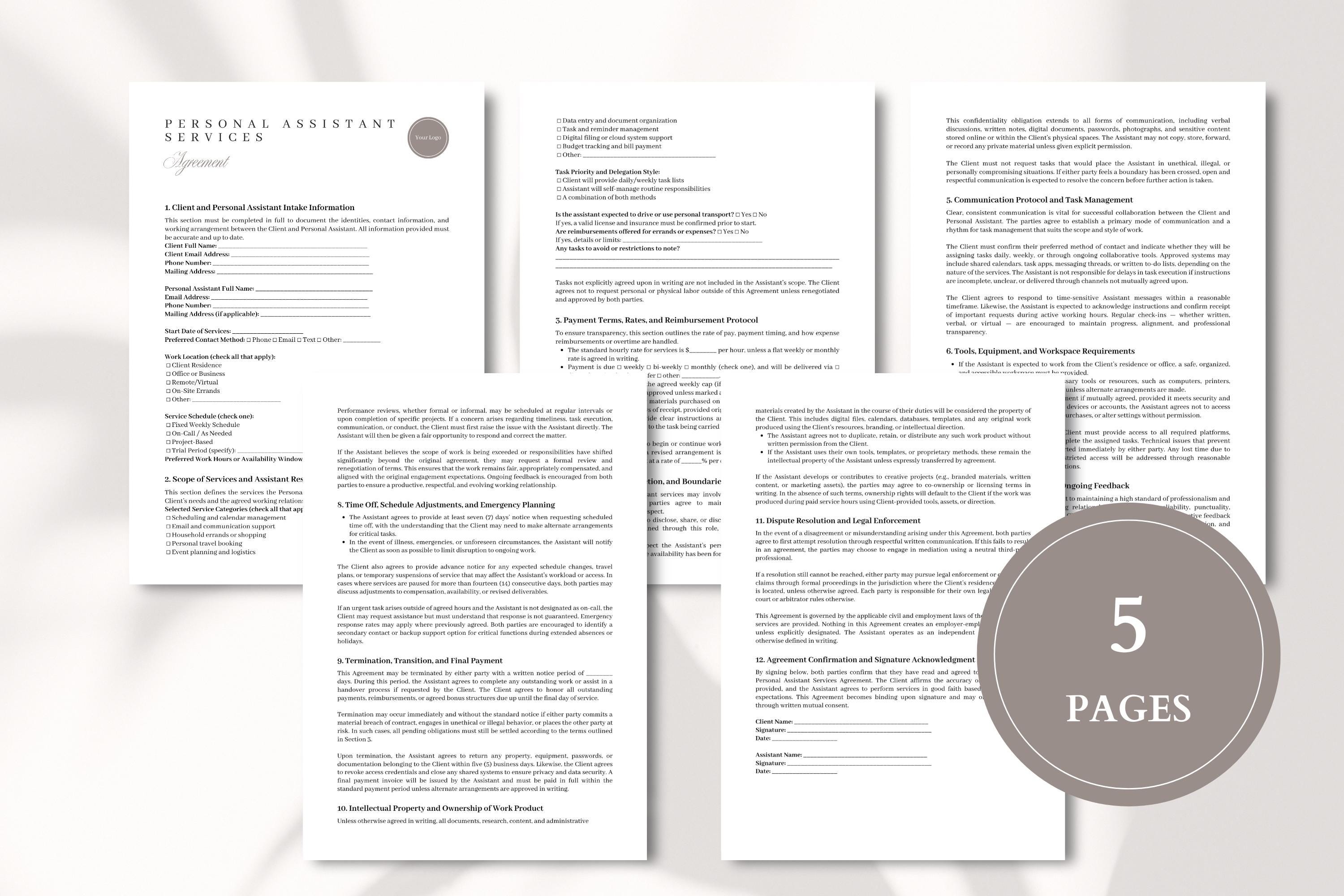 Personal Assistant Contract Template Editable Client Agreement Intake ...