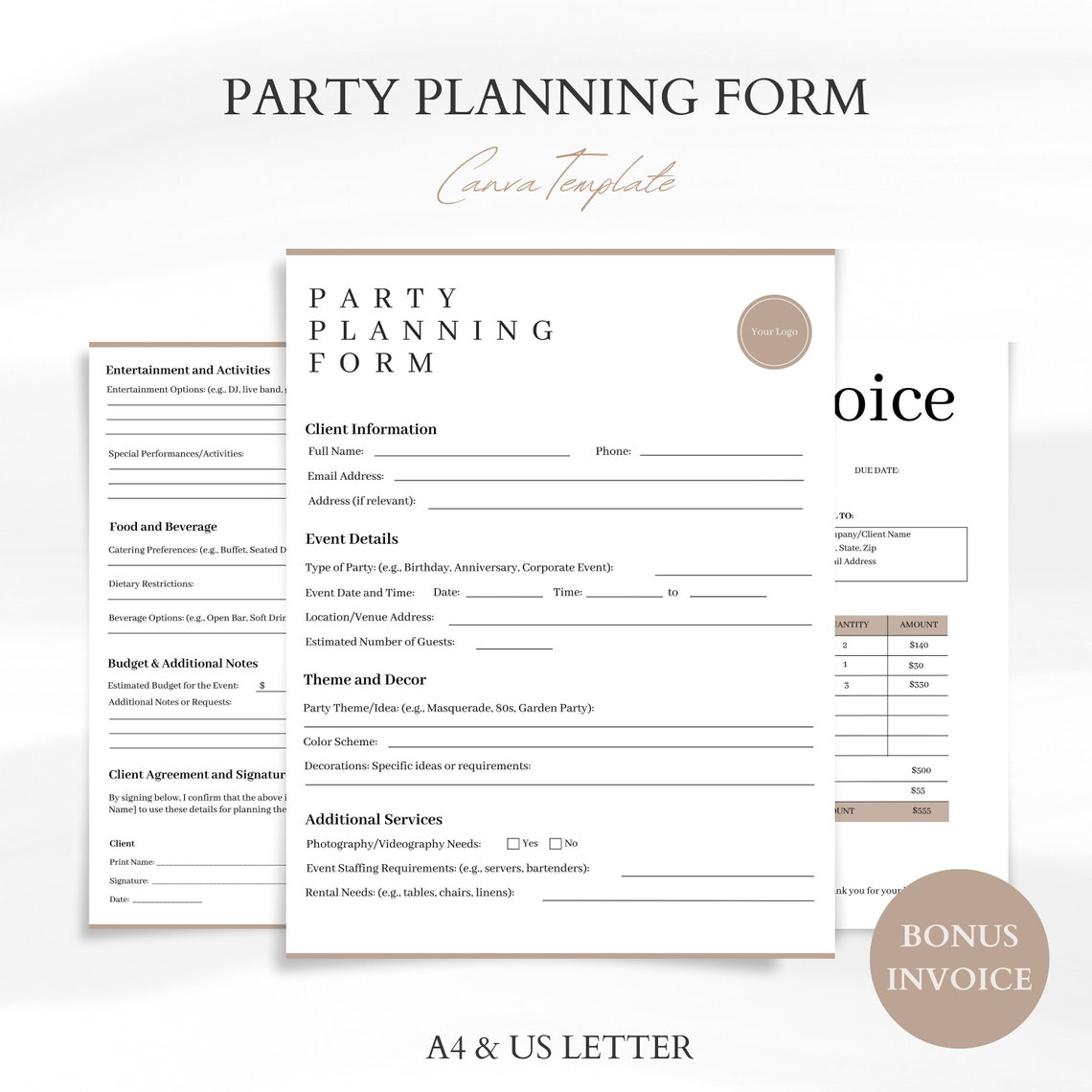 Party Planning Form and Bonus Invoice Template Customizable Canva ...