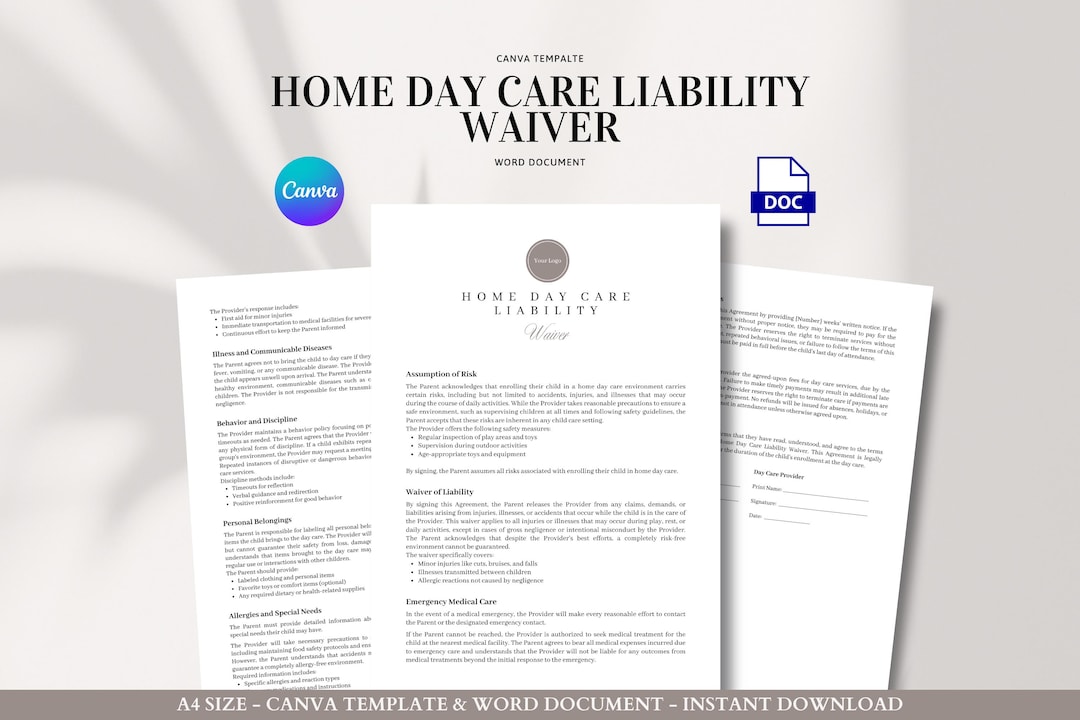 Home Day Care Liability Waiver Template Canva and Word | Editable ...
