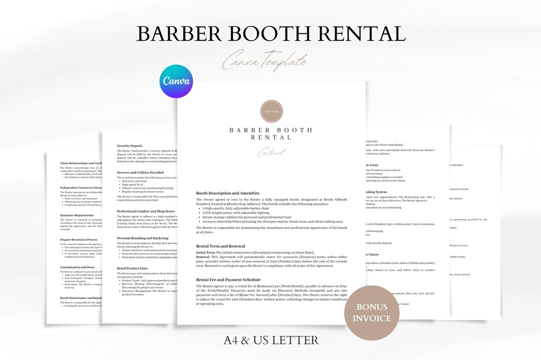 Barber Booth Rental Agreement Template Editable Canva Template Professional Barber Contract - Etsy