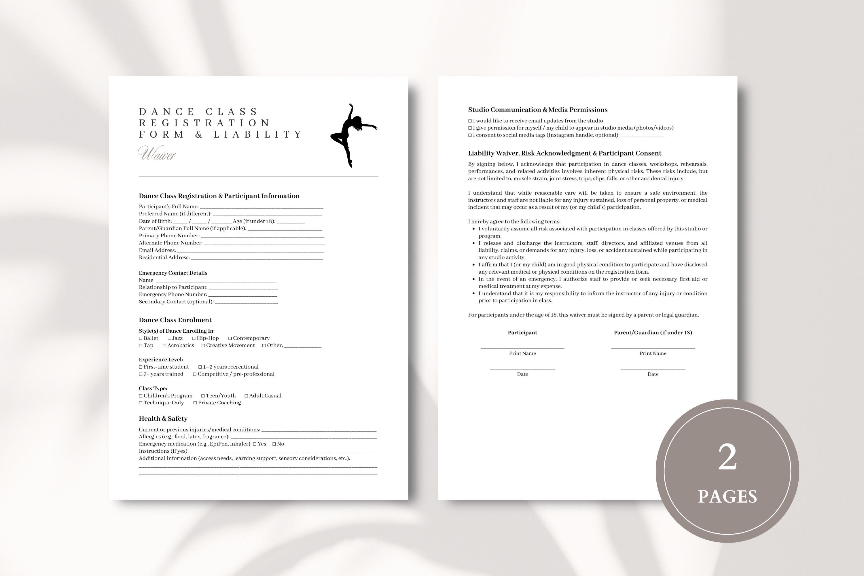 Dance Class Registration Form & Liability Waiver | Editable Canva ...