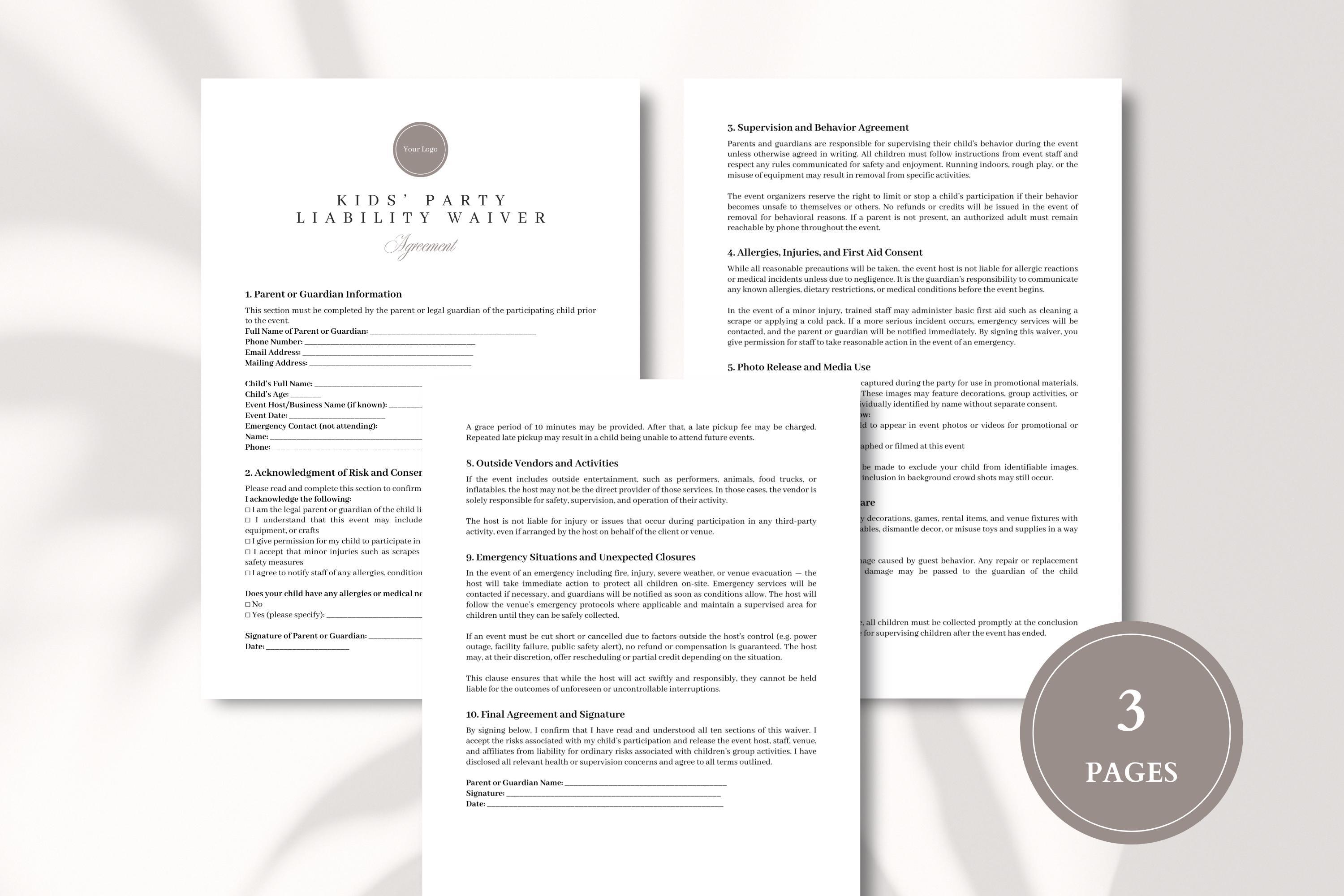 Kids Party Liability Waiver Template Editable Consent Form for Children ...