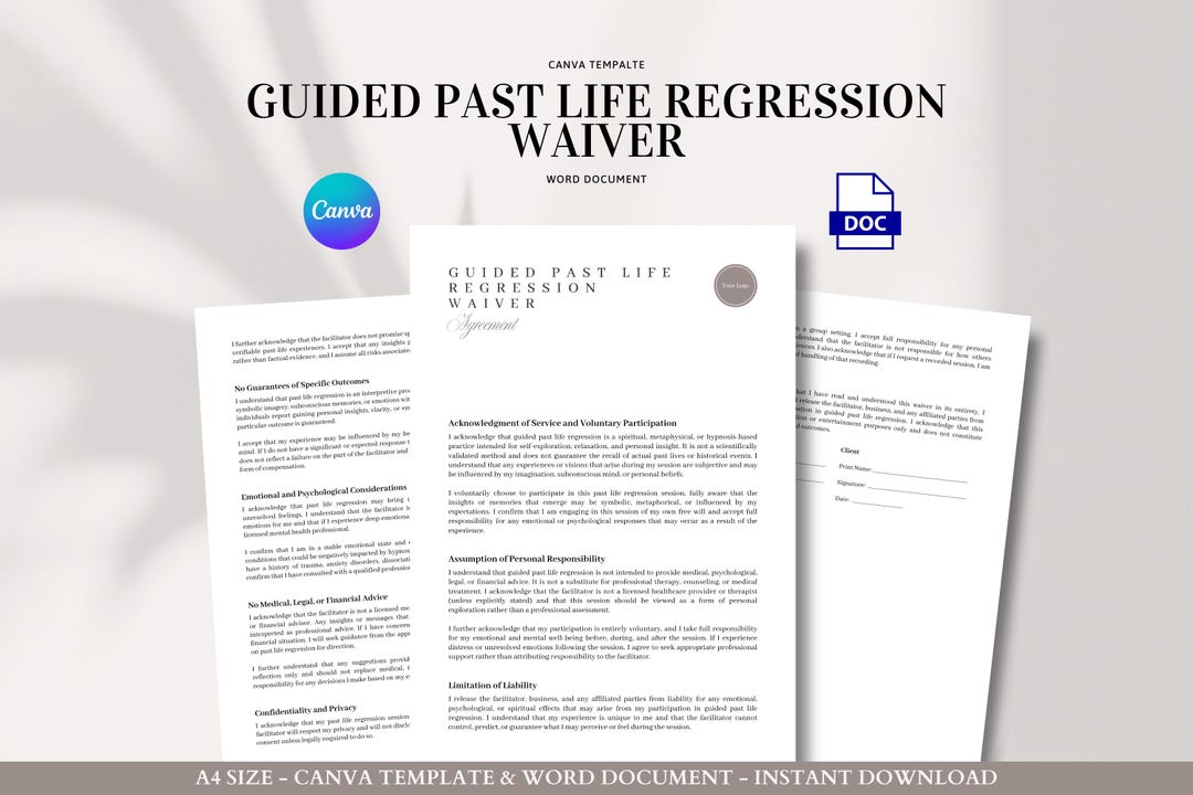 Past Life Regression Waiver Template Editable Hypnosis Consent Form ...