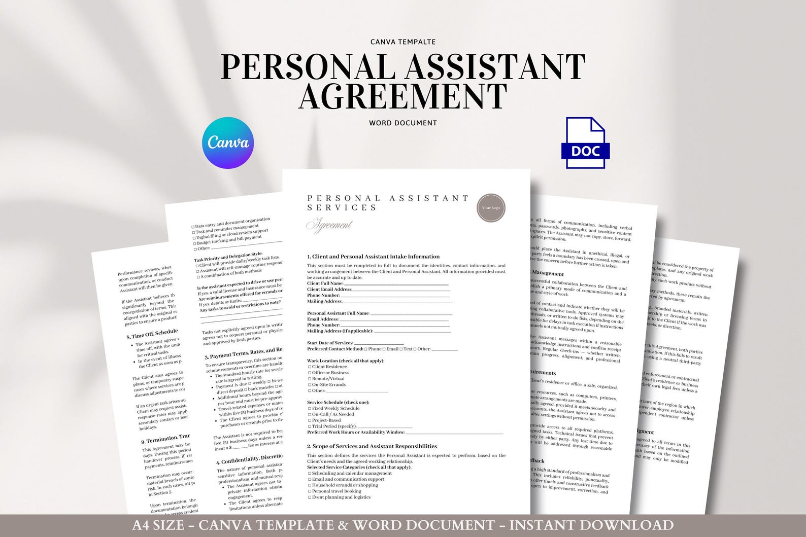 Personal Assistant Contract Template Editable Client Agreement Intake ...